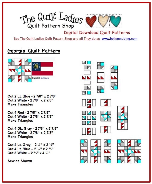 Georgia State Quilt Pattern Block Sheet - Beth Ann Doing